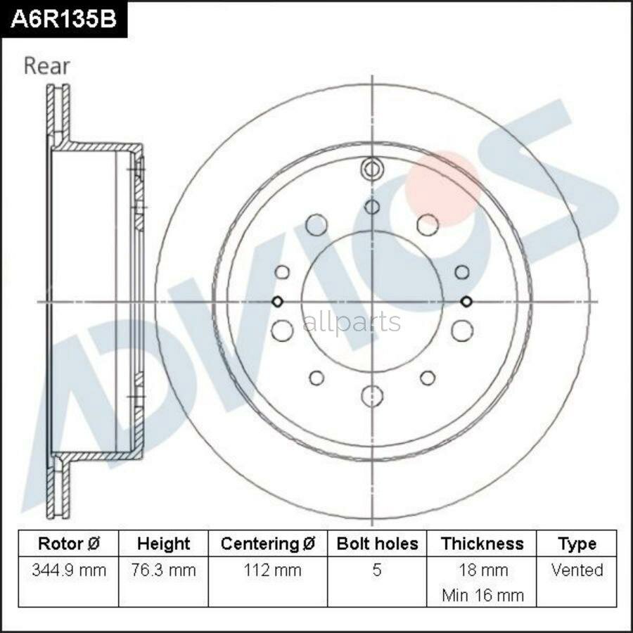 ADVICS A6R135B Диск тормозной TOYOTA LAND CRUISER J200 4.5D/4.7 07-/LEXUS LX570 08- задний
