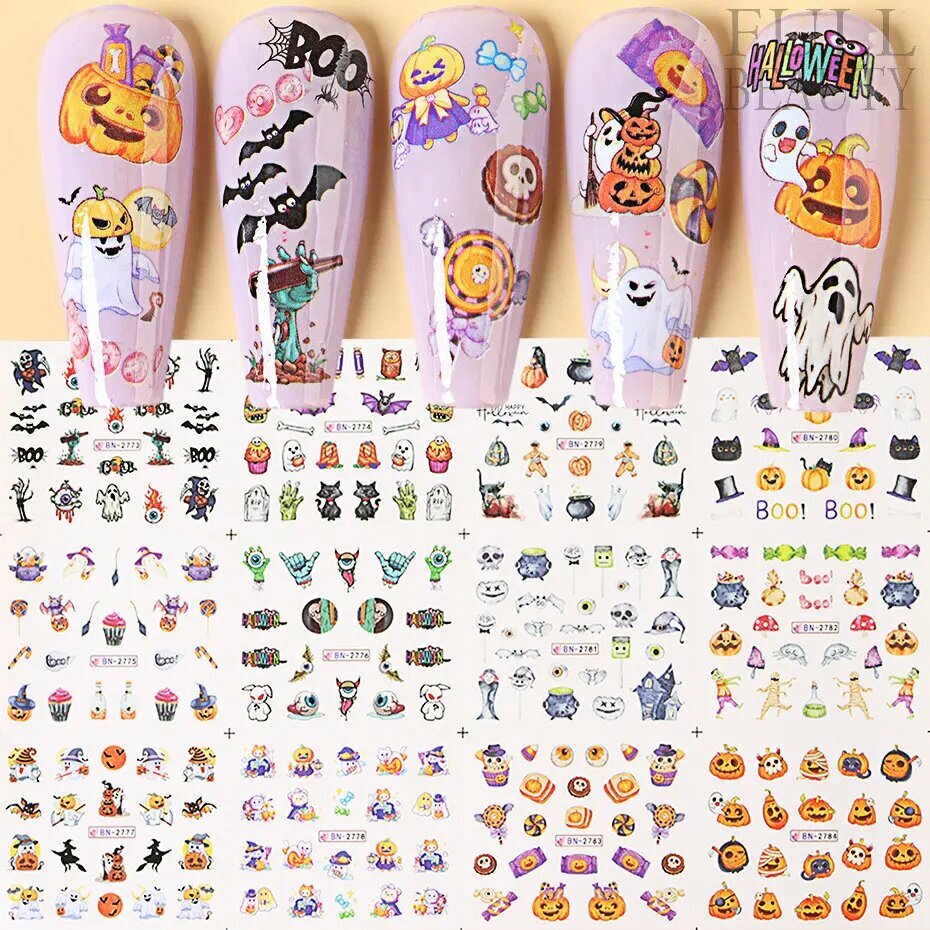 2024 Хэллоуин, наклейки для дизайна ногтей, тыква, призрак, Водные Наклейки, дизайнерский слайдер, украшение для маникюра, скелет, паук