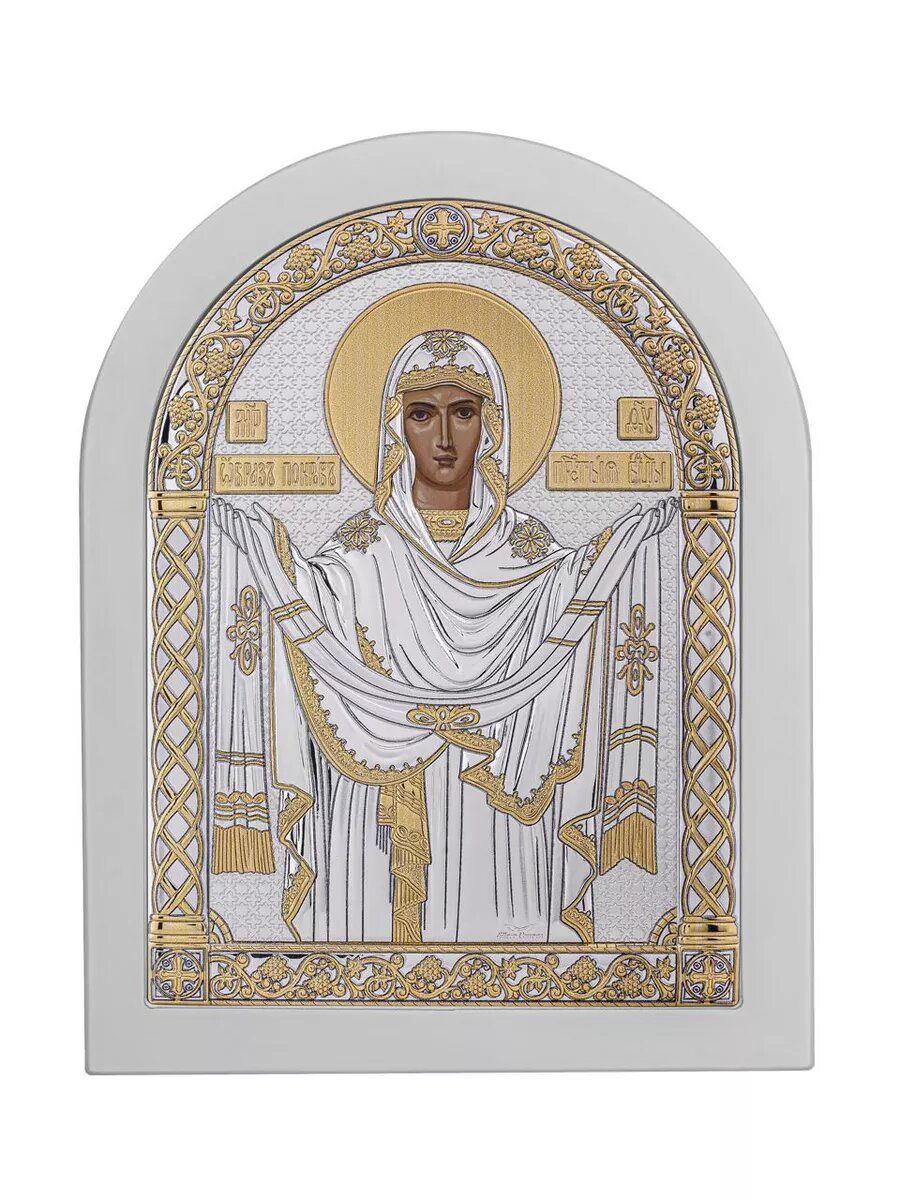 Икона серебряная, греческая Покрова БМ, 105х140 мм.