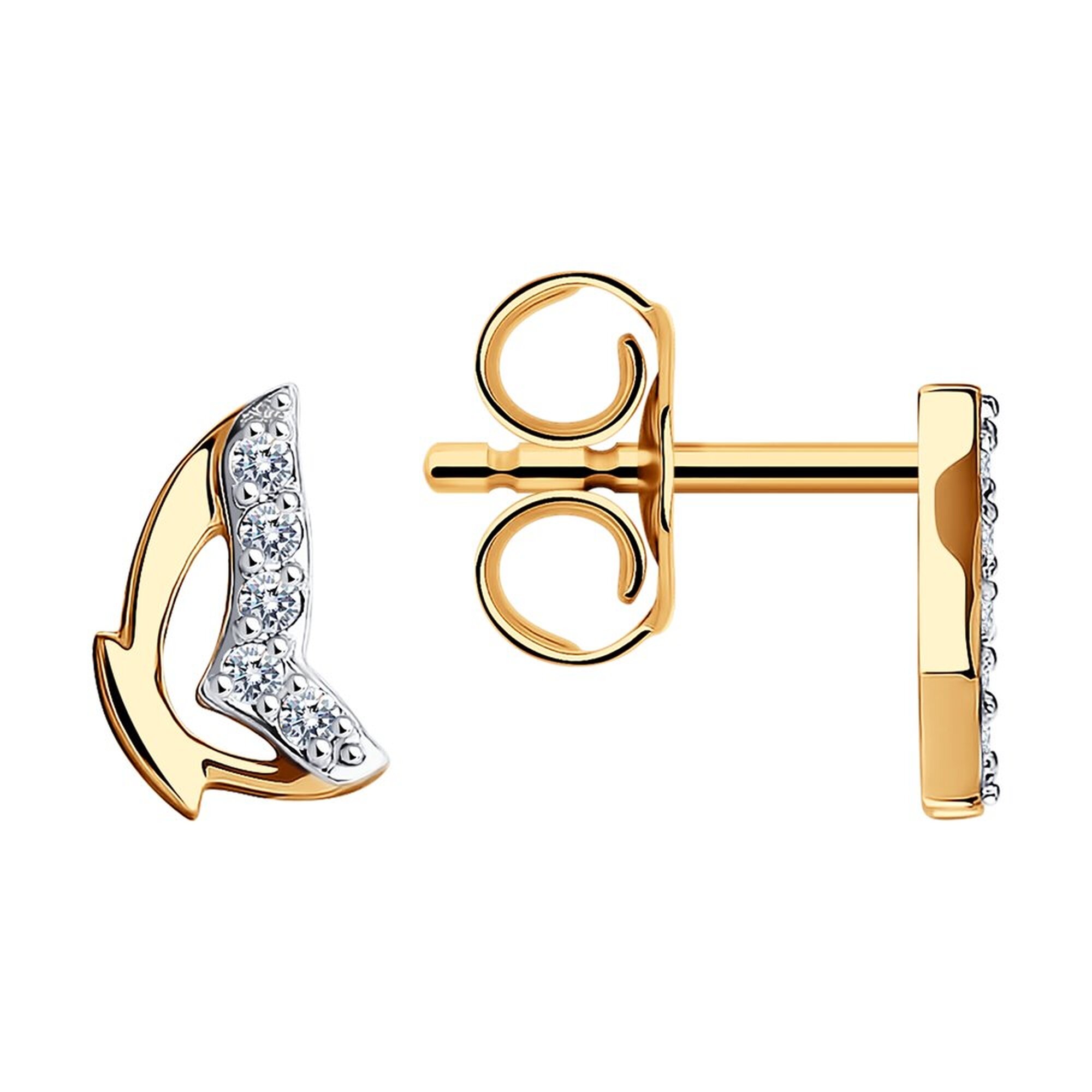 Серьги пусеты, красное золото, 585 проба, фианит