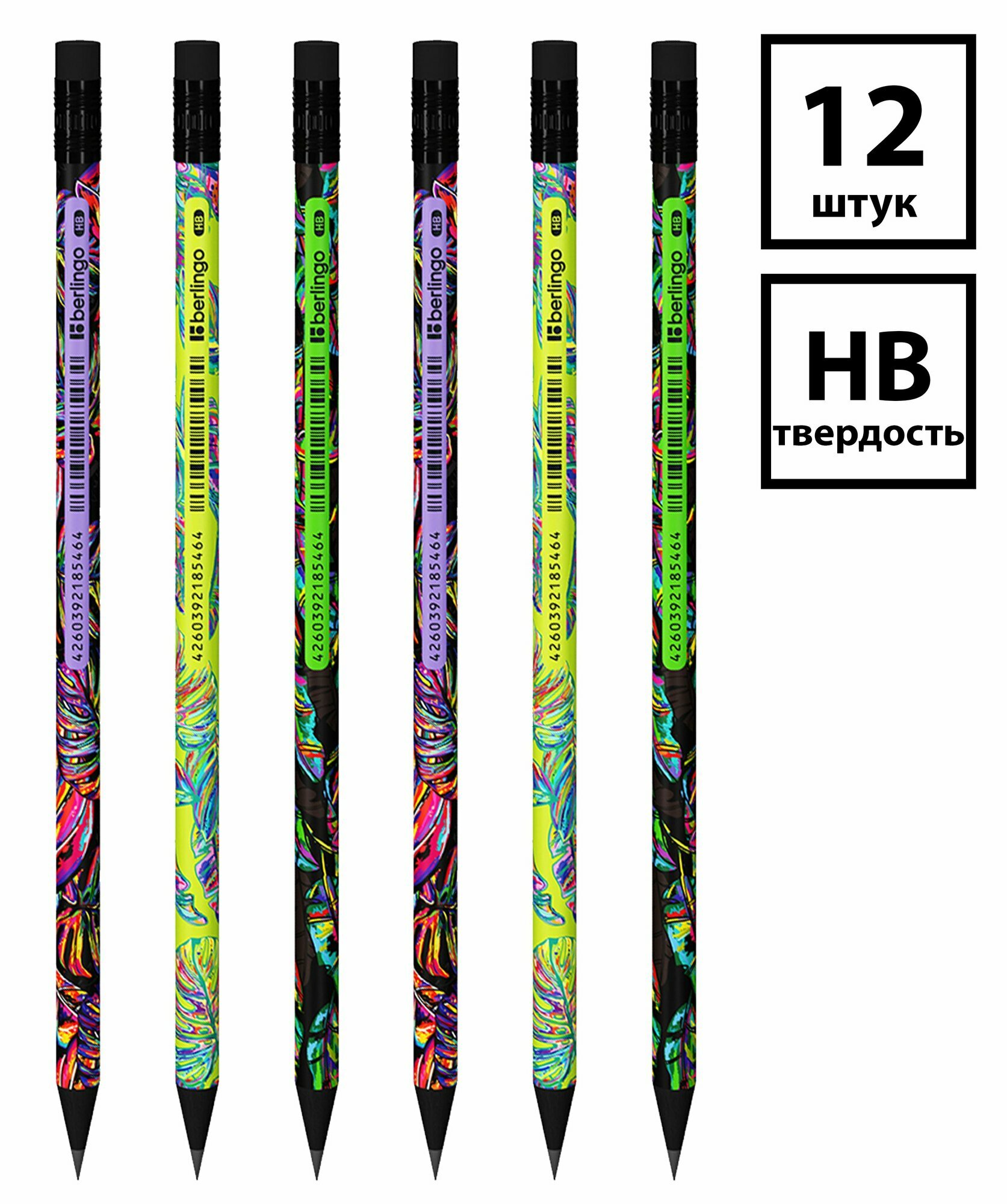Набор 12 шт. - Карандаш чернографитный Berlingo "Neon Paradise" HB, черное дерево, круглый корпус, заточенный, с ластиком, цвет ассорти BP01308