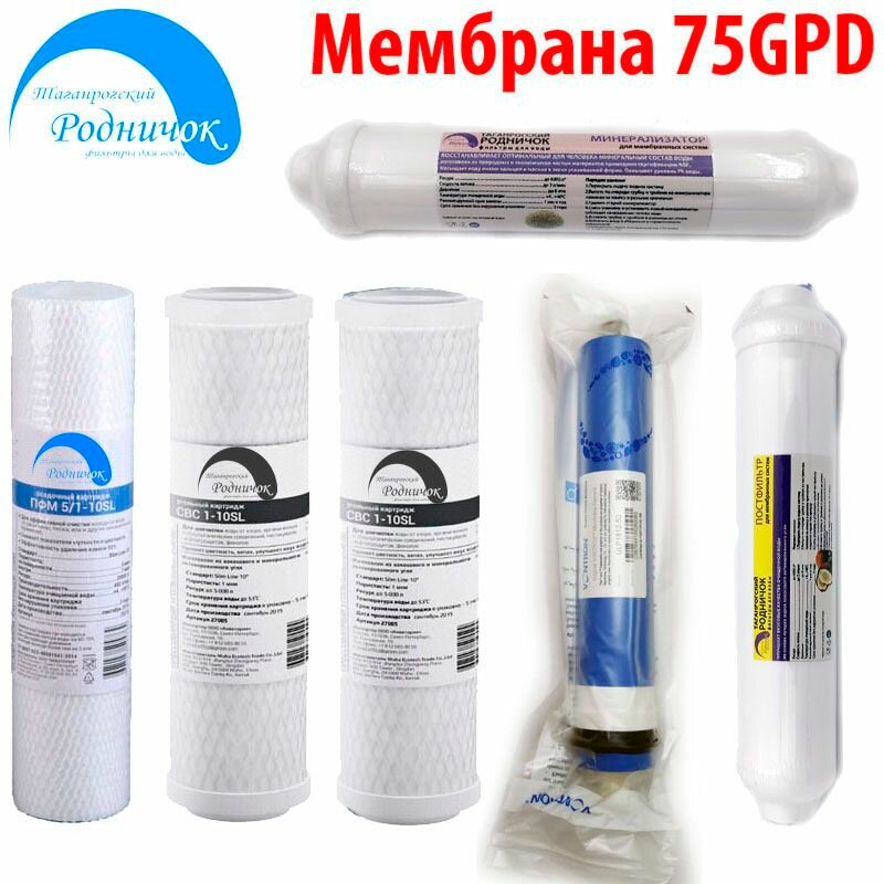 Родничок Осмо Хлор набор картриджей для систем обратного осмоса (Предфильтры плюс мембрана 75G, постфильтр и минерализатор).