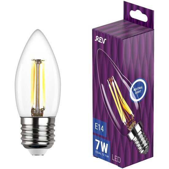 Лампочка светодиодная Rev filament, свеча, С37, белый свет, 7Вт, E14, 4000K, 730Лм, 32487 4