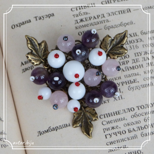 Брошь, аметист, агат, кварц