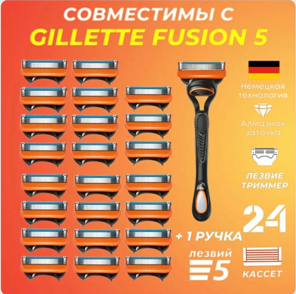 Бритвенный набор мужской, совместим с популярными бритвами, 1 станок + 24 сменные кассеты по 5 лезвий