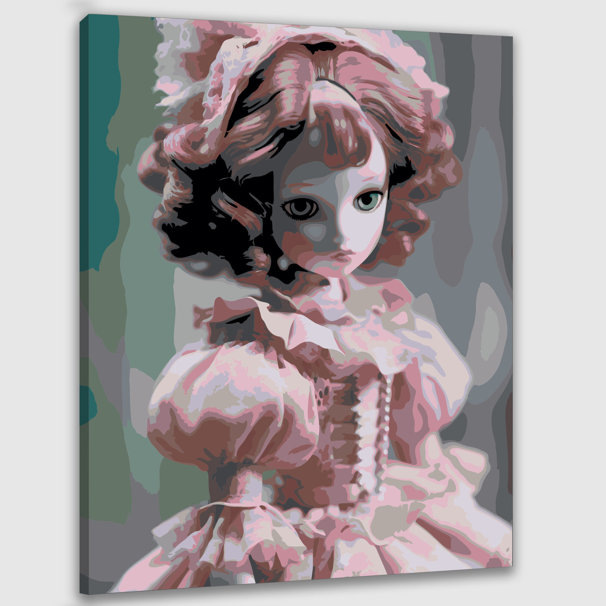 Картина по номерам 40x50 см, крупный план, кукла, розовое платье, оборки, строчка, нежные черты лица, размытый фон