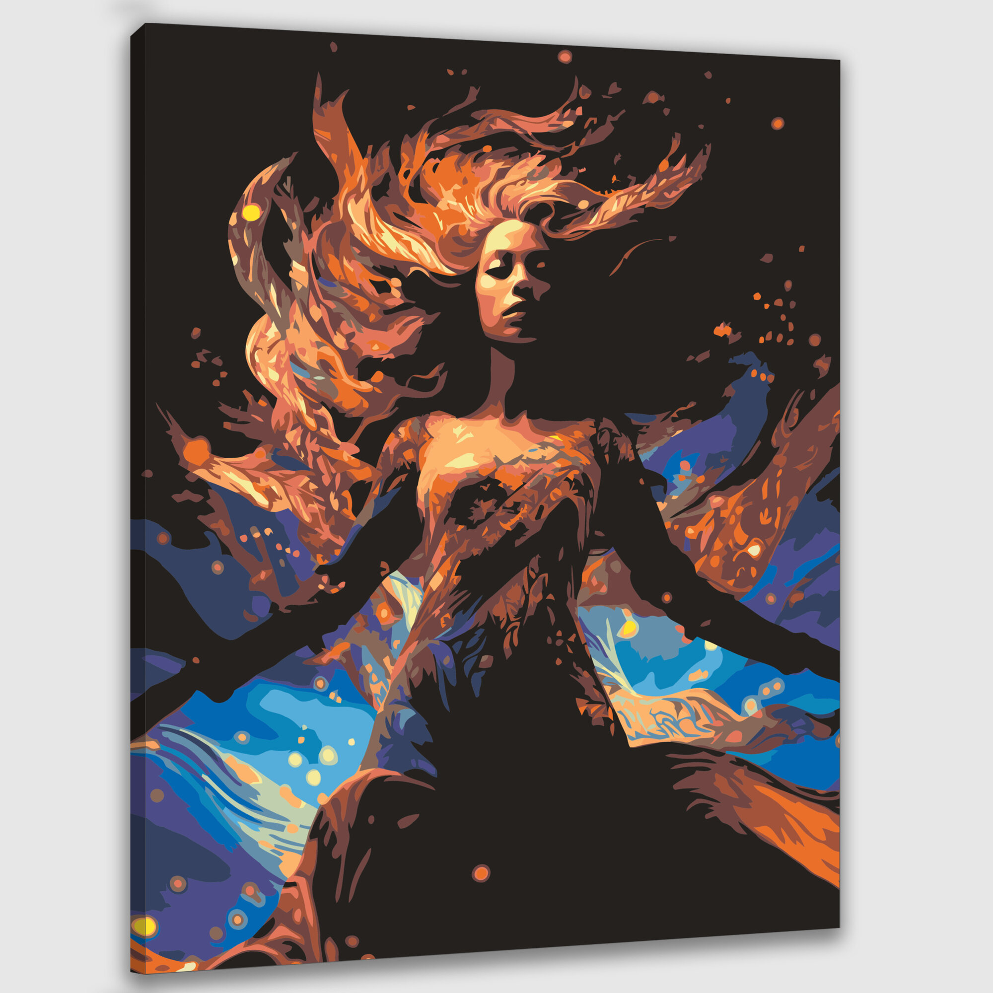 Картина по номерам 40x50 см, женская фигура, яркие одежды, струящиеся одежды, вихрь цветов, вихрь узоров, творчество