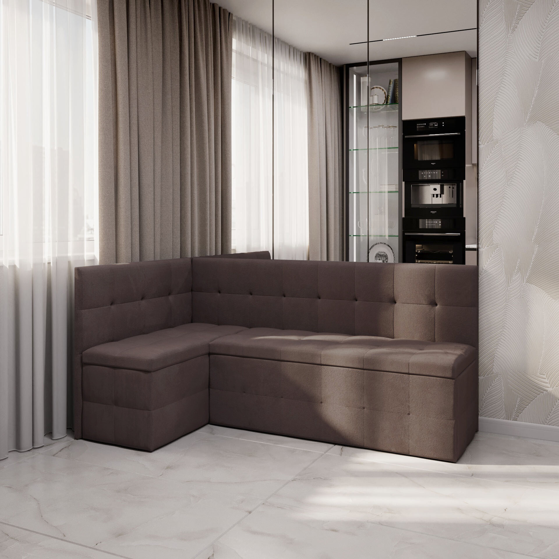 Диван кухонный угловой "Домино" D@E Factory со спальным местом, велюр Дакота шоколад, угол универсальный