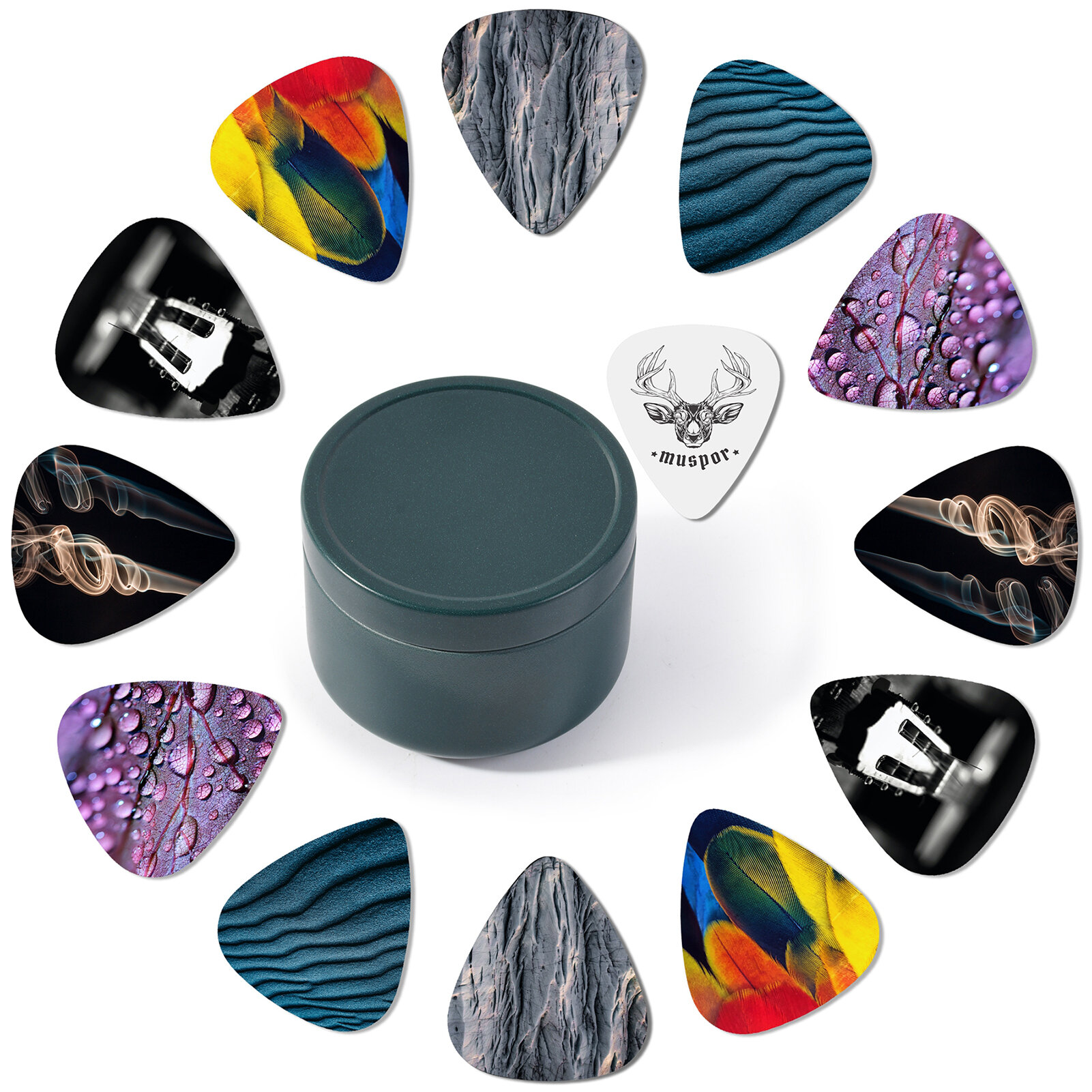 Набор из 13 целлулоидных медиаторов Muspor MX0299D, толщина 0,71 мм, разноцветные, в металлической коробке для хранения. Аксессуар для музыкальных инструментов: бас-гитара, электрогитара, акустическая гитара.