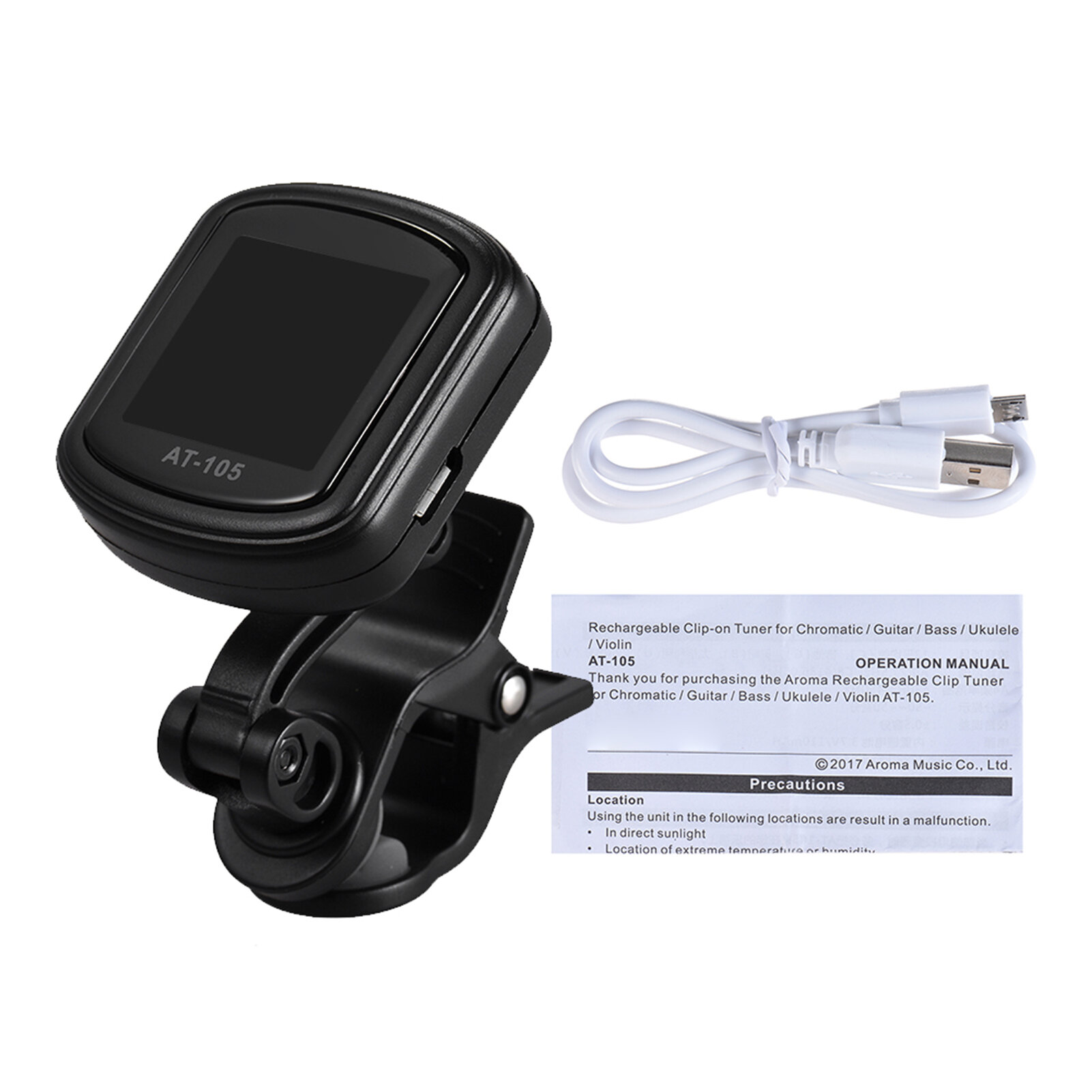 AROMA AT-105 — перезаряжаемый тюнер с зажимом, цветным экраном и встроенным аккумулятором для хроматической гитары, бас-гитары, укулеле и скрипки.