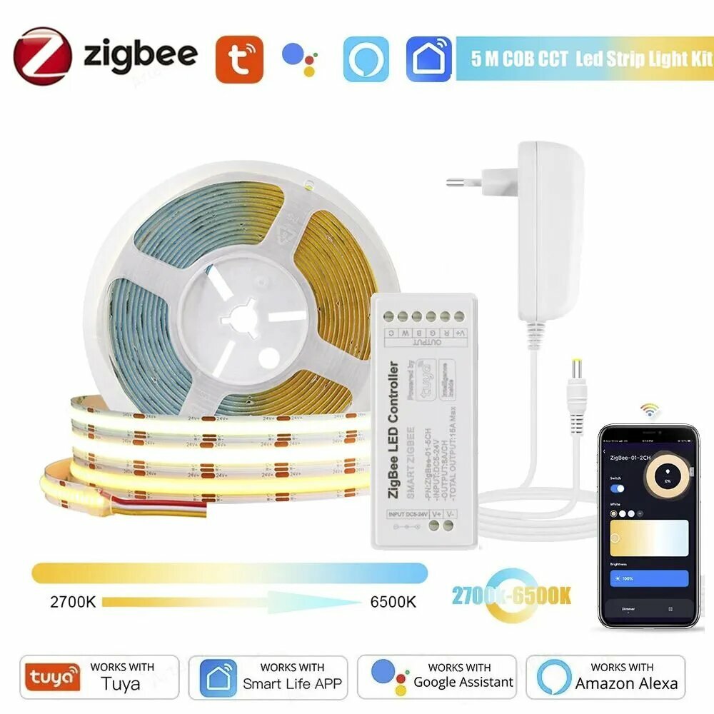 HongDiJia Светодиодная лента 5M COB CCT Led Strip Light Kit Zigbee, для гостиной, с голосовым управлением и управлением со смартфона