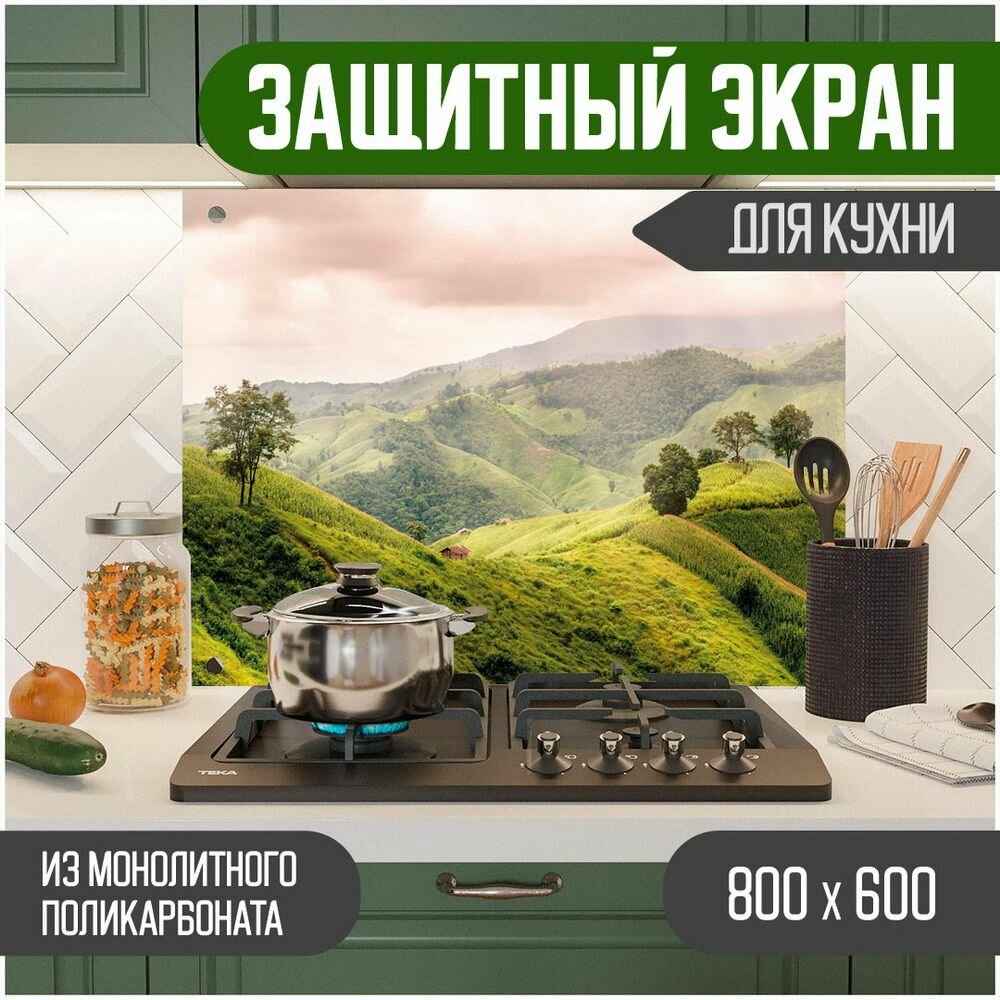 Фартук для кухни, Защитный экран из акрилового стекла (поликарбонат) на кухонный фартук в зону мойки и плиты с фотопечатью. Панель на стену с рисунком Пейзаж 800 х 600 х 3 мм, 800-010