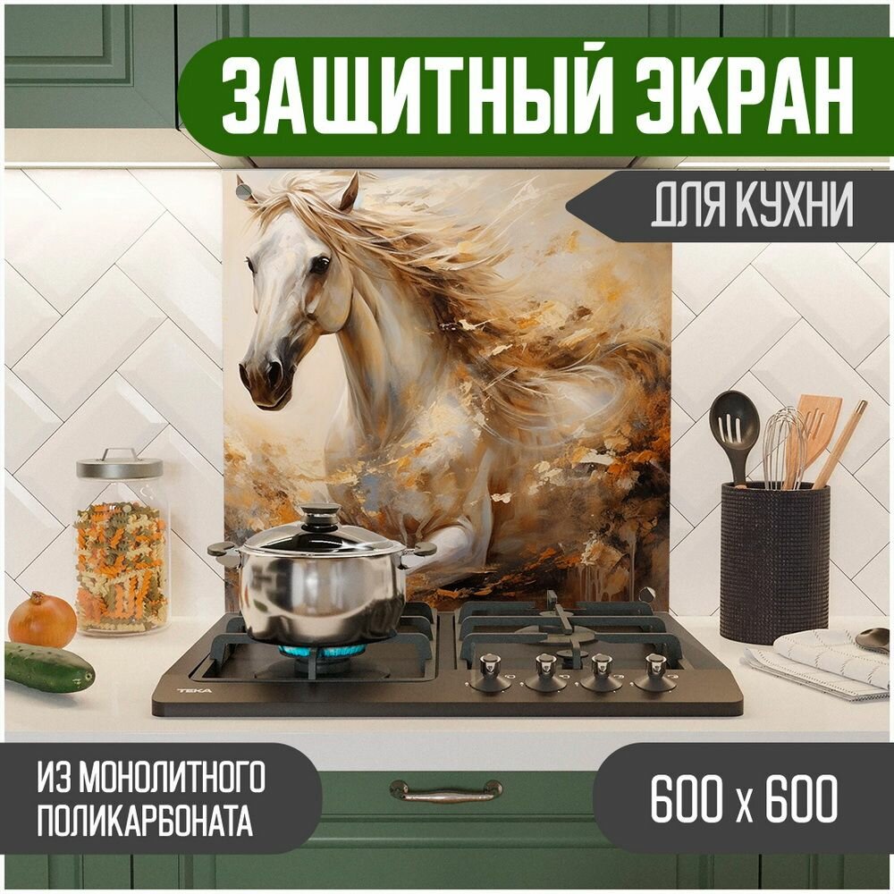 Фартук для кухни, защитный экран из акрилового стекла (поликарбонат) на кухонный фартук в зону мойки и плиты с фотопечатью. Панель на стену с рисунком Лошадь 600 х 600 х 3 мм, 600-037