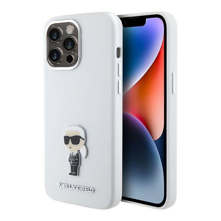 Karl Lagerfeld силиконовый чехол для iPhone 15 Pro, NFT Karl Ikonik метал. вставка, белый