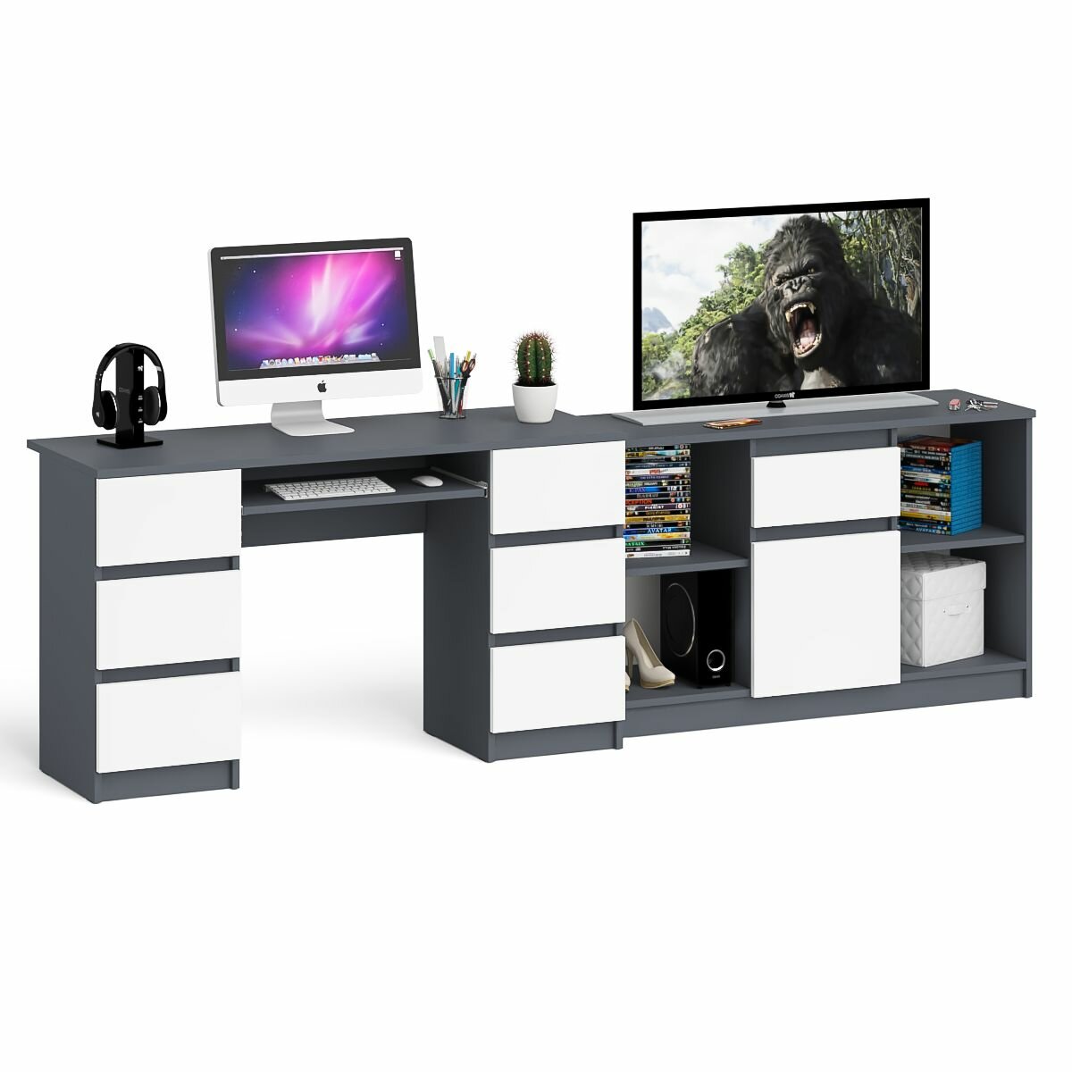 Тумба СВК Мори 1204.1 и стол компьютерный цвет графит/белый, 255,8х50х76,6 см.