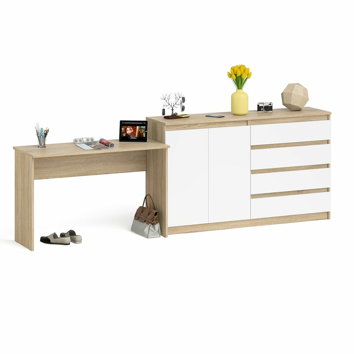 Тумба-комод СВК Мори 11600.1 с письменным столом цвет дуб сонома/белый, 280,8х50х94 см.