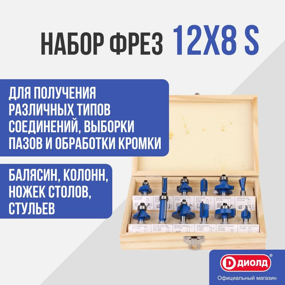 Набор фрез Диолд 12х8 S (12 шт, диаметр хвостовика 8 мм)