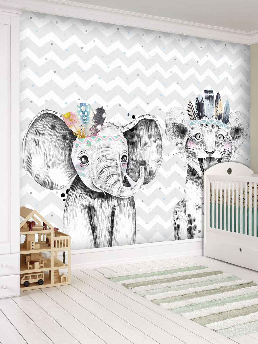Фотообои детские 300 х 270 см "Зверята"/ обои в детскую комнату / для девочки, мальчика