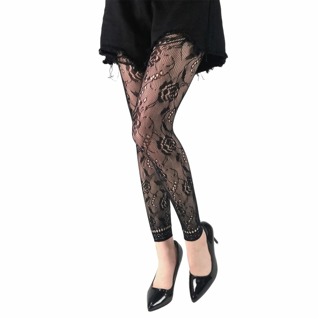 Ажурные жаккардовые укороченные брюки-чулки с маленькой дырочкой и большим цветком черного цвета