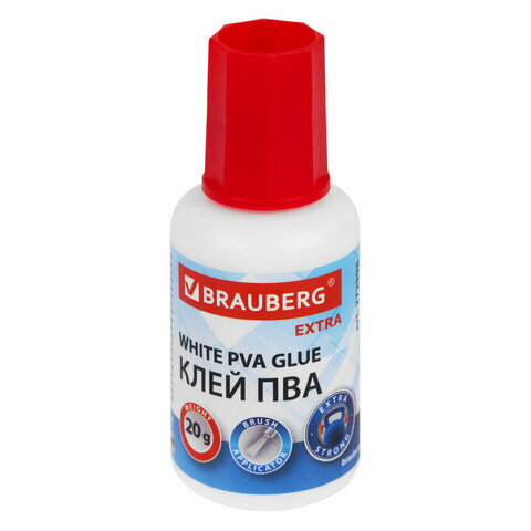 Клей ПВА усиленный 20 г с кисточкой (бумага, фотографии, картон, дерево), BRAUBERG Extra, 272998
