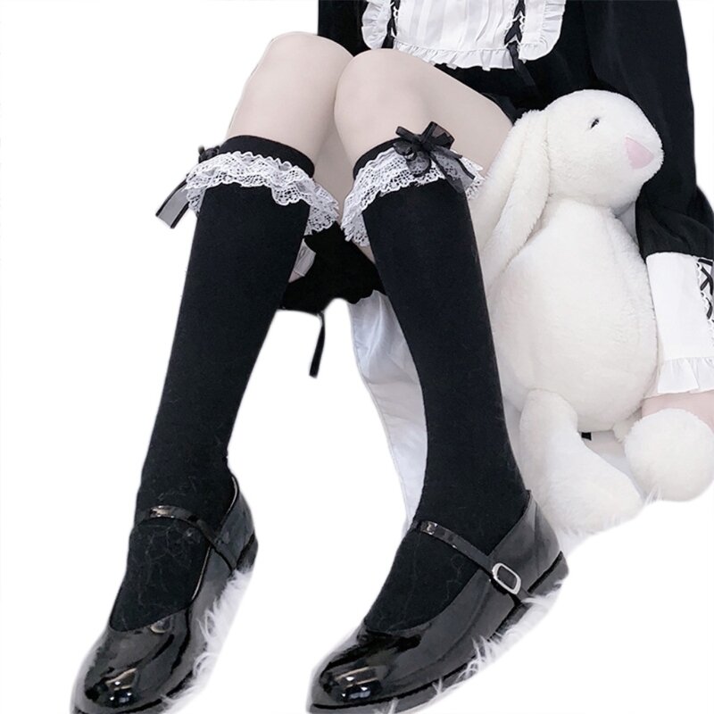Кружевные Чулки Lolita Medium-Кружево С Большим Бантом Черного Цвета
