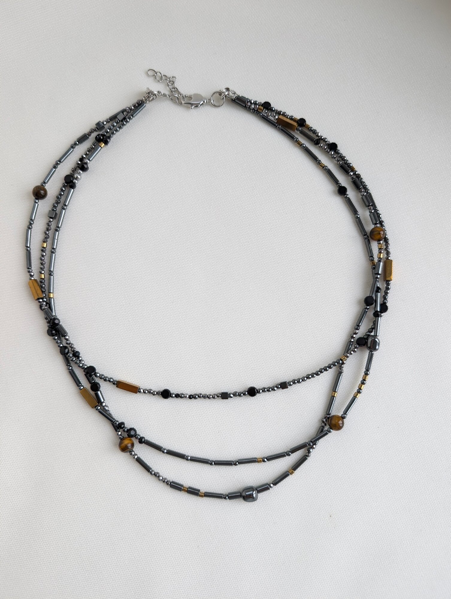 Колье, тигровый глаз, гематит, агат