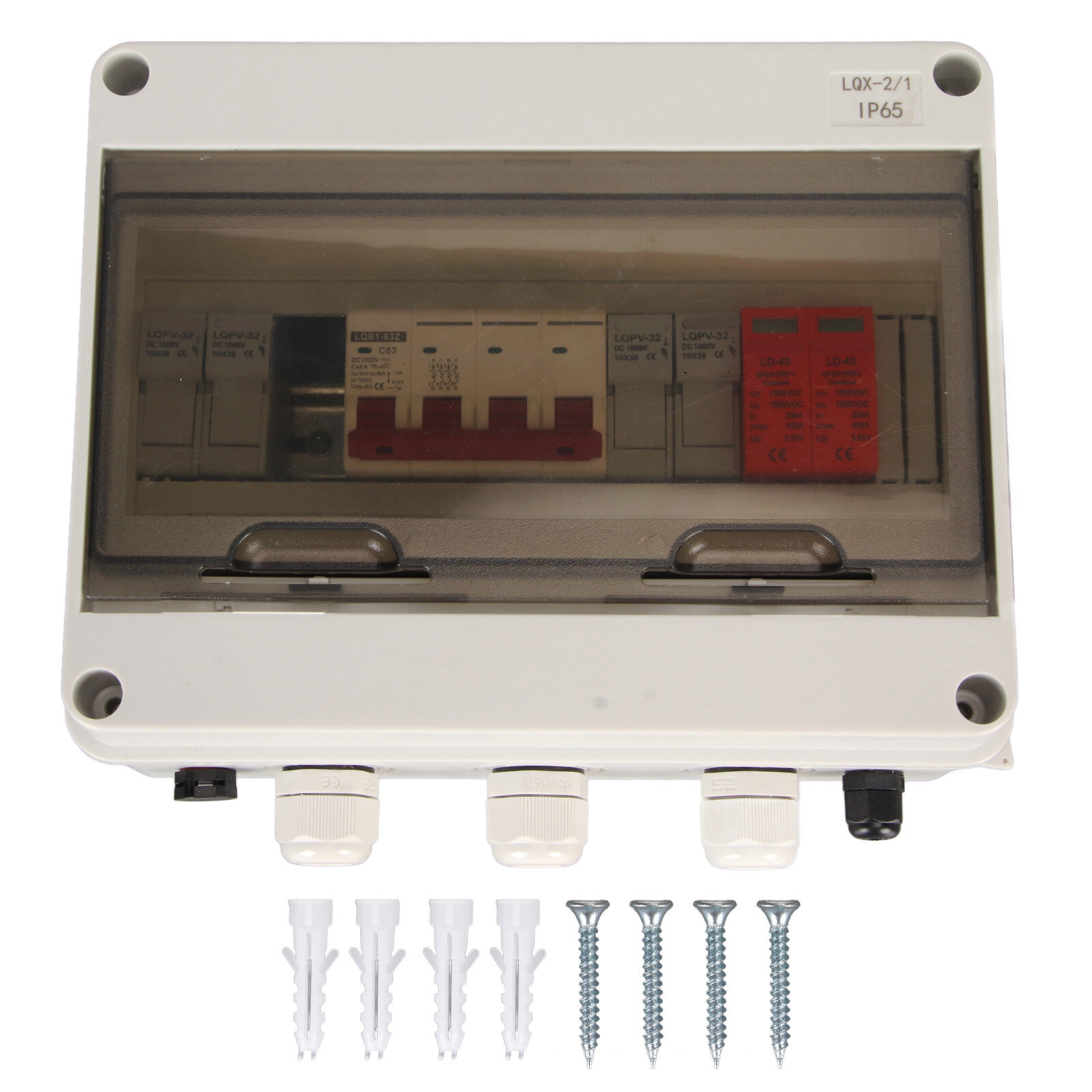 Коробка объединения PV солнечных панелей 1000В 63А с выключателем-разъединителем, автоматическим выключателем и предохранителями для наружной установки