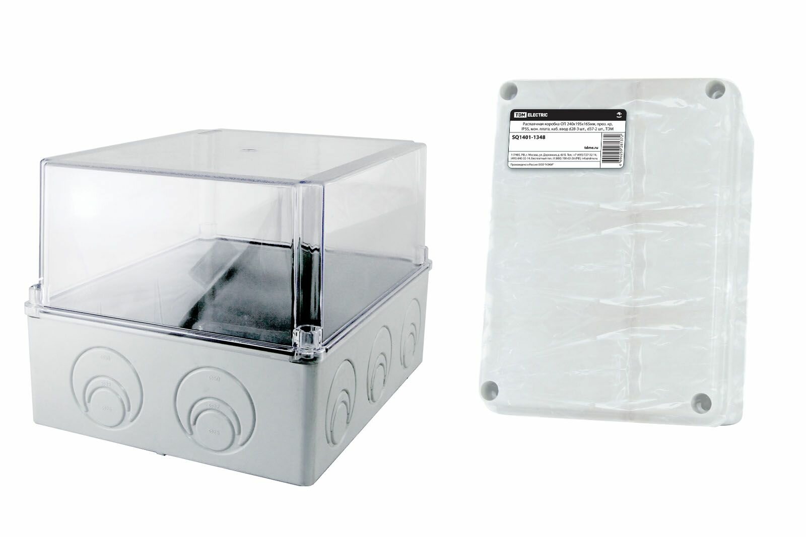 Коробка распределительная 240х195х165мм, проз. кр, IP55, мон. плата, каб. ввод d28-3 шт, d37-2 шт. TDM Electric