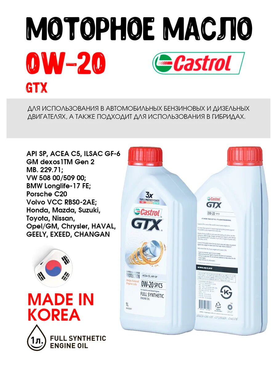 Масло моторное Castrol 0W-20 GTX SP C5, 1л