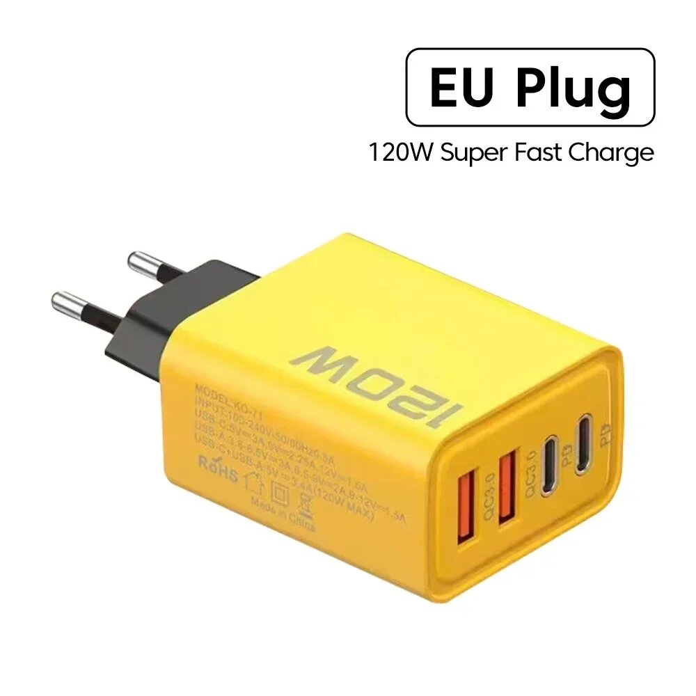 Сетевой Адаптер 120 Вт С 4 Портами USB Type-C И Быстрой Зарядкой Quick Charge 3.0 Для Yellow EU Plug