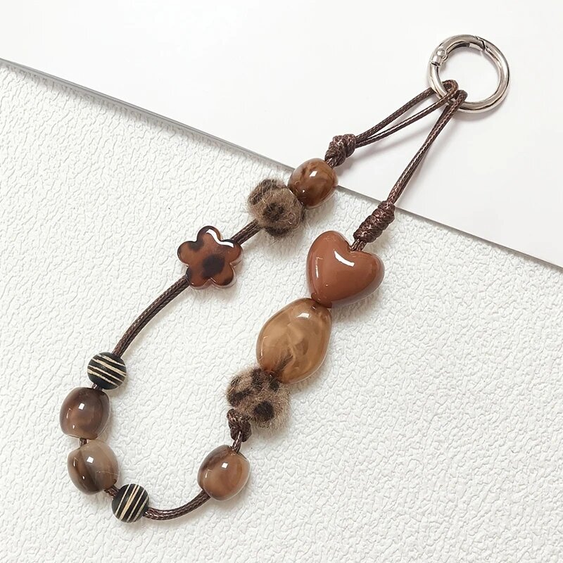 Коричневый леопардовый сердечный принт из бисера, ремешок для телефона, подвеска-цепочка, ремешок для мобильного телефона, брелок для ключей, сумка для девочек, подвеска для камеры, чехол для Airpods