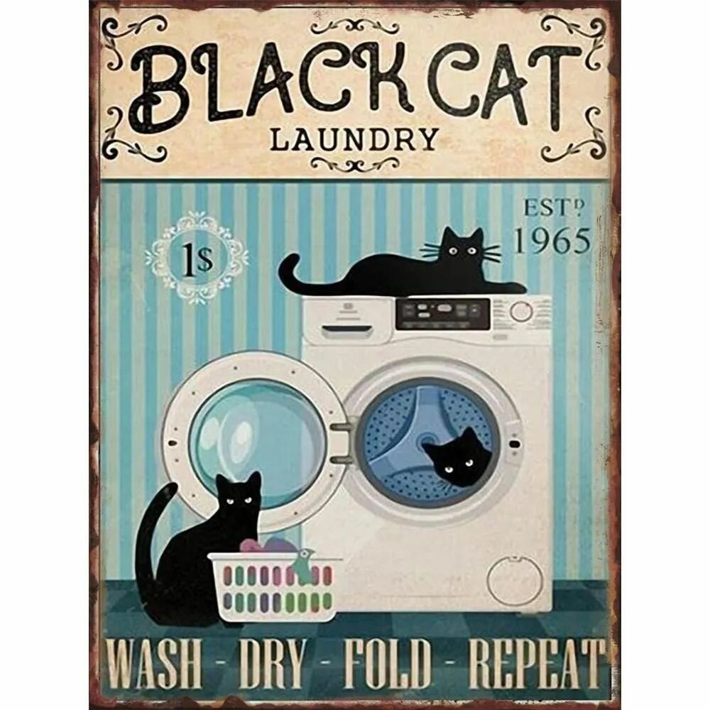 Табличка черный кот прачечная "Black Cat Laundry", ретро стиль, металл, декор для интерьера, 20х30 см.