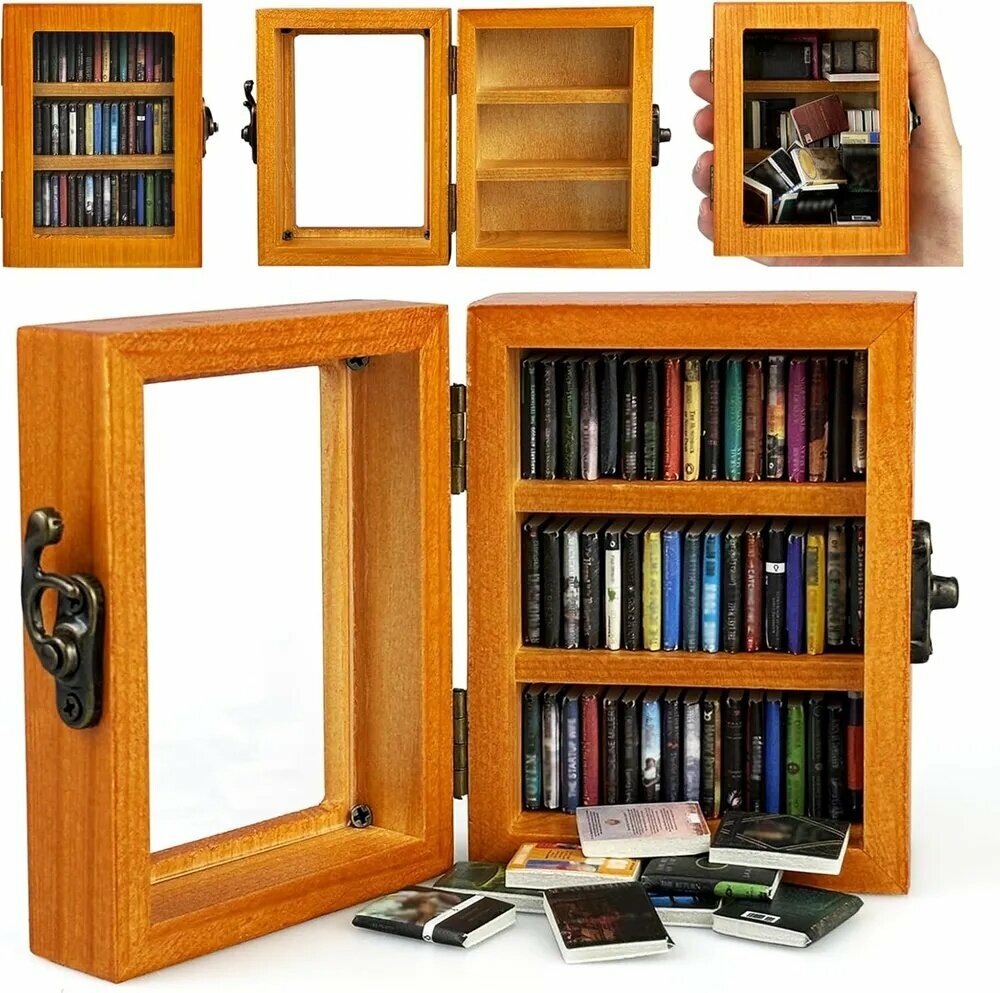 Миниатюрная антистрессовая книжная полка - Портативный декор с 60 мини-книжками, Идеальный подарок для любителей книг, Деревянная диорама для любого интерьера