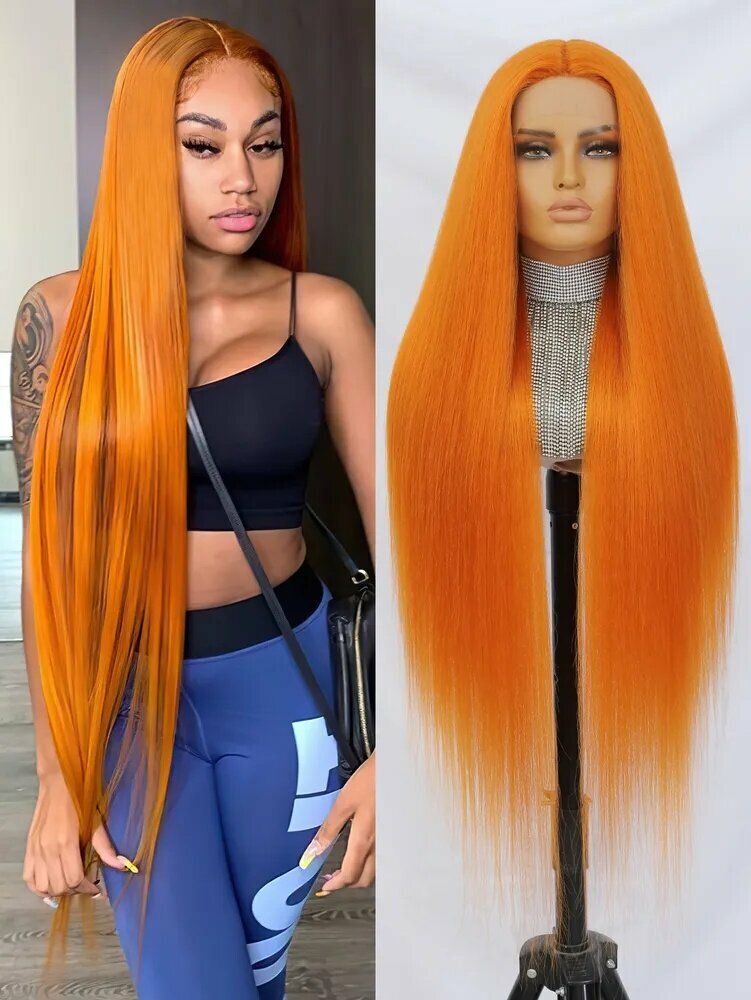 Парик SEENICE длинный прямой с кружевной чёлкой (Lace Front) 100 см для косплея, искусственные волосы, Коралловый цвет