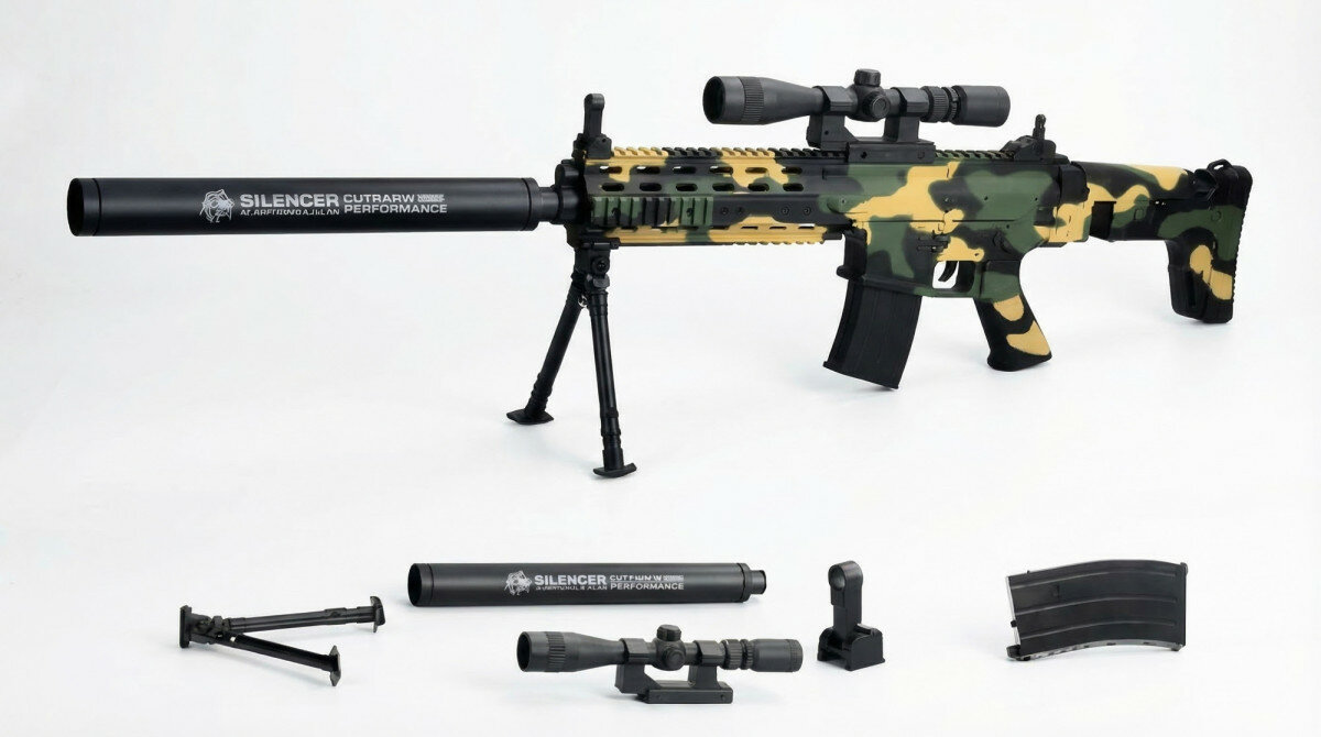 Игрушечный пневматический автомат с глушителем и лазерным прицелом зеленый камуфляж в пакете 98см