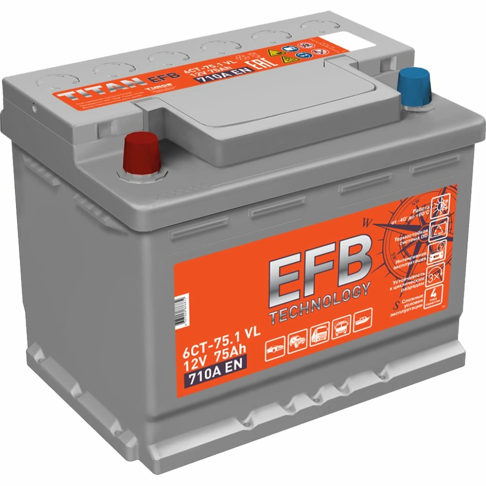 Аккумулятор TITAN EFB 75.1 VL прямая полярность, кальциевый тип, 12‑вольтная EFB, клеммы для легковых авто