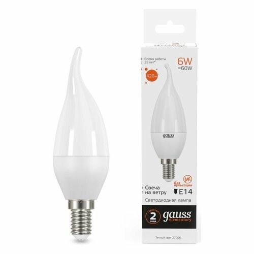 Лампа LED GAUSS E14, свеча, 6Вт, одна шт. [34116]