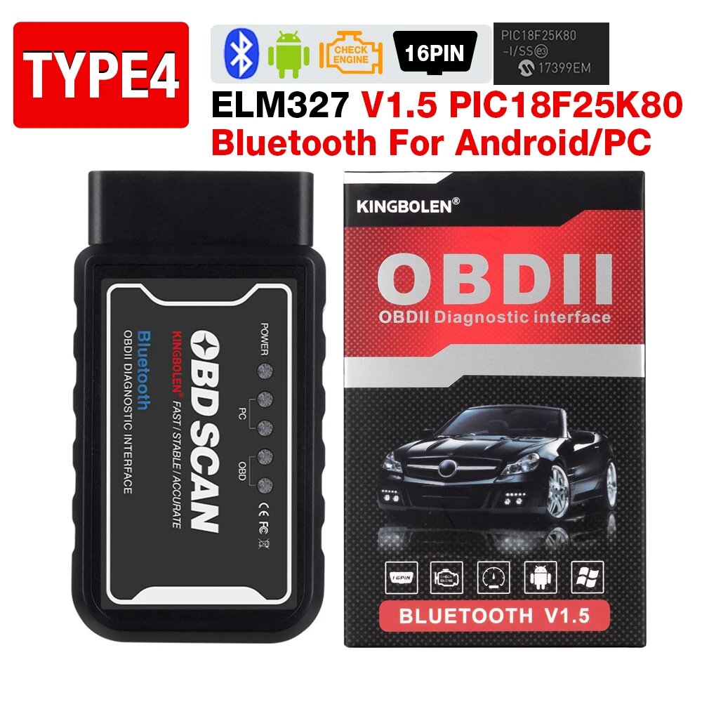 OBD2 сканер KINGBOLEN ELM327 V1.5 Bluetooth Type 4