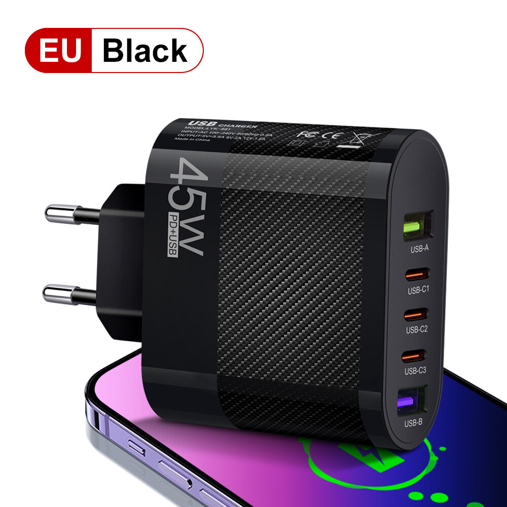 Зарядное устройство, Type-C, 45Вт, 2USB+3, мультиинтерфейс, черный