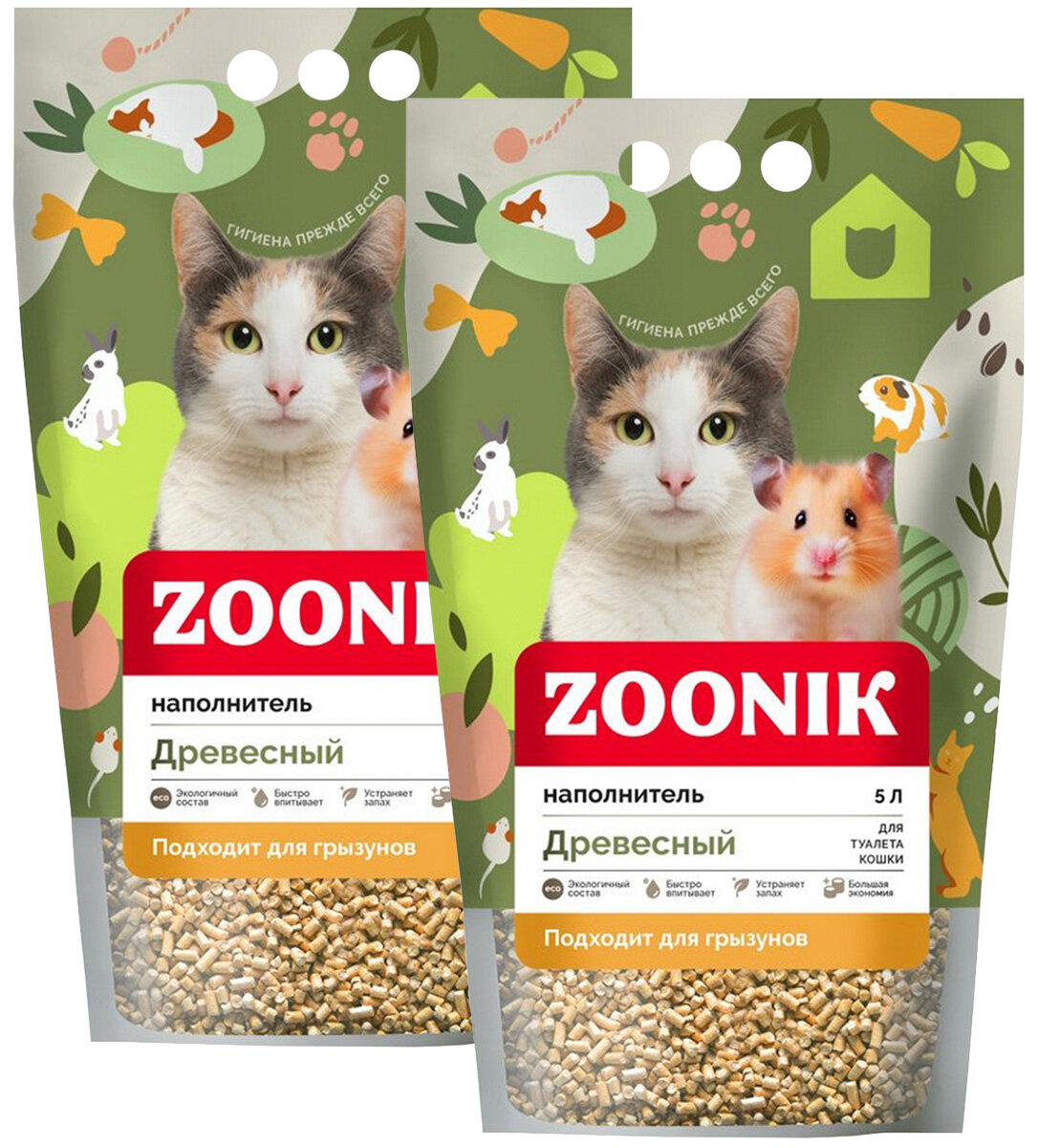ZOONIK древесный - наполнитель древесный для туалета кошек (5 л + 5 л)