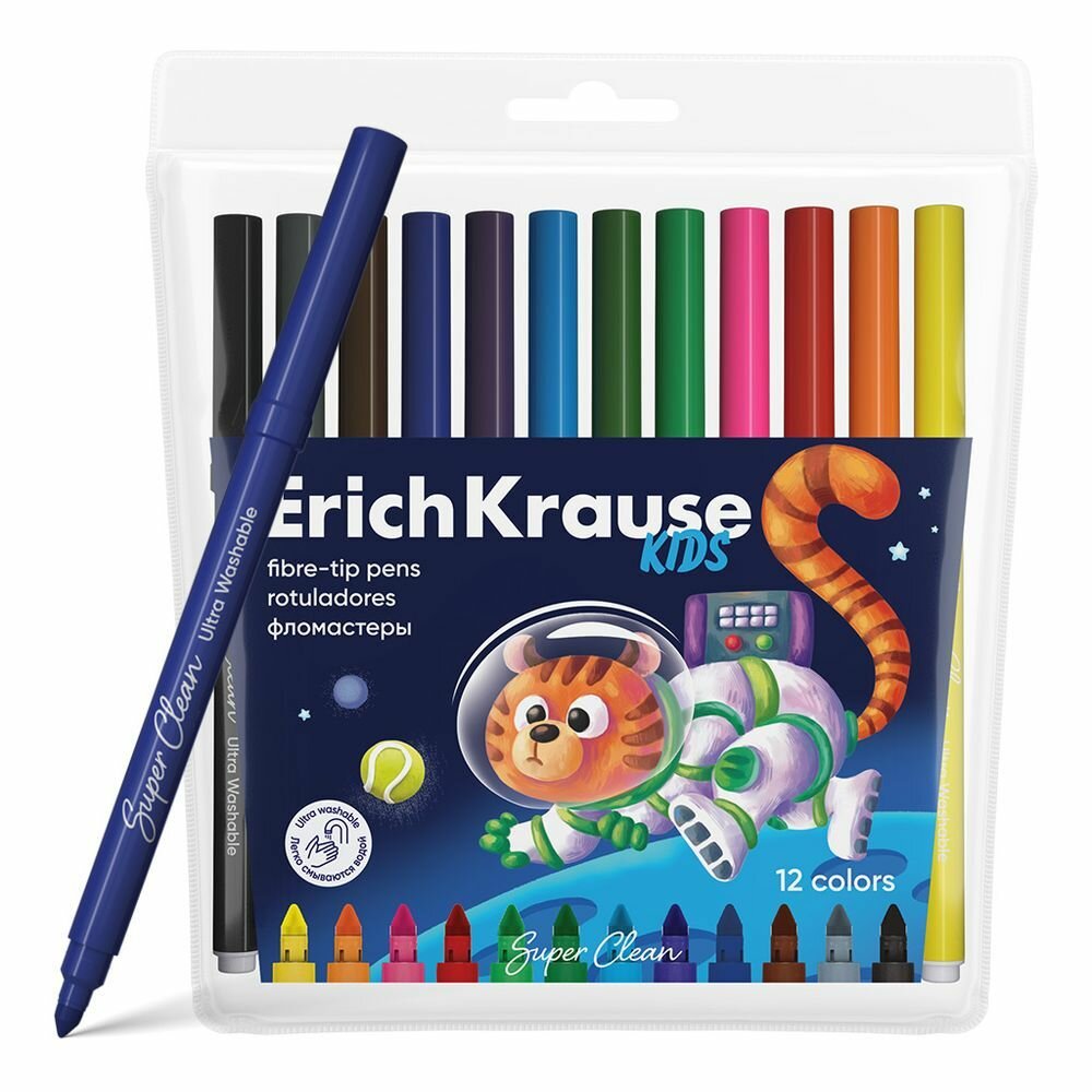 Фломастеры ErichKrause Kids Space Animals Super Tip Ultra Washable 12 цветов (в футляре)