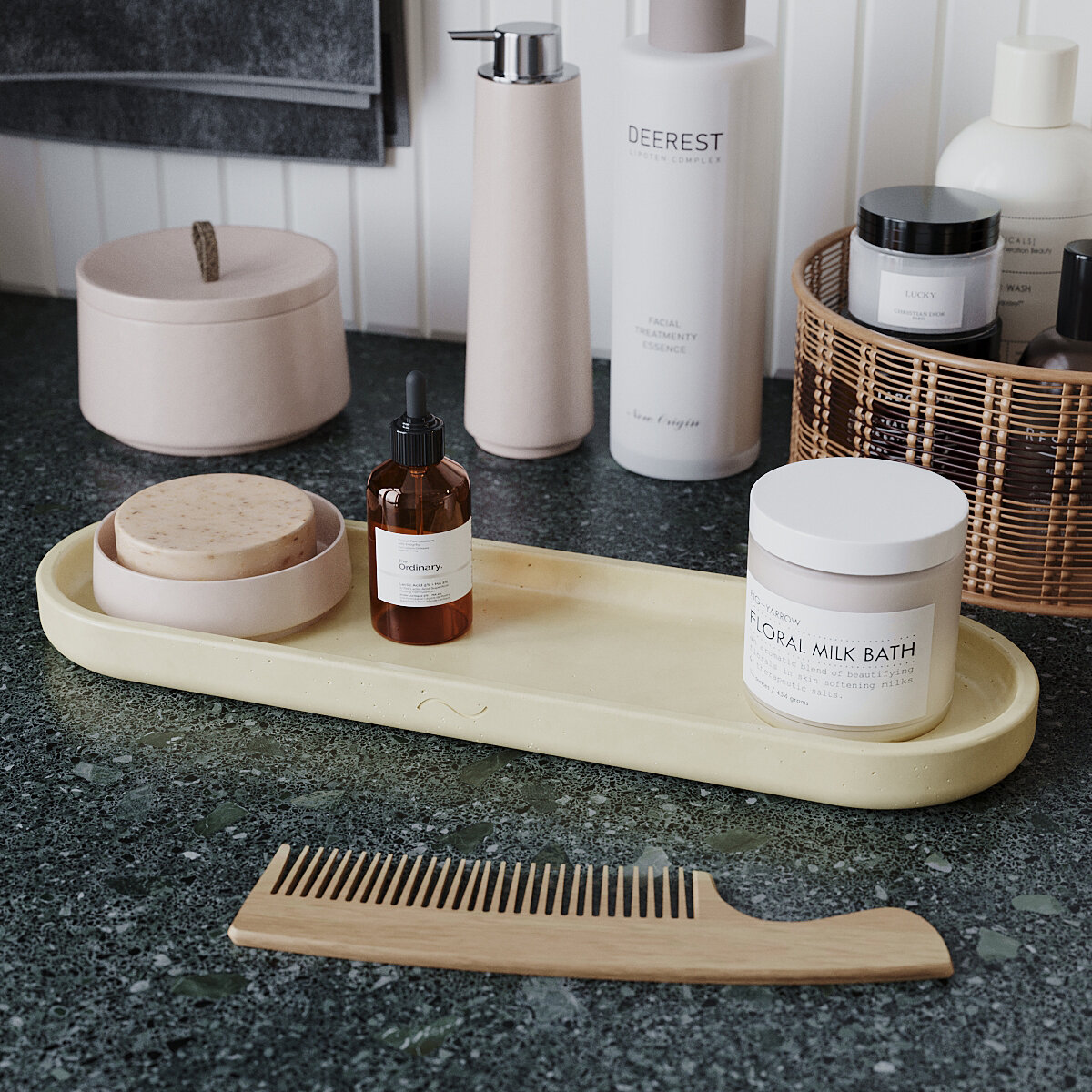Декоративный поднос для ванной, подставка для косметики Astrid M, 36x11см, бетон, кремовый глянцевый