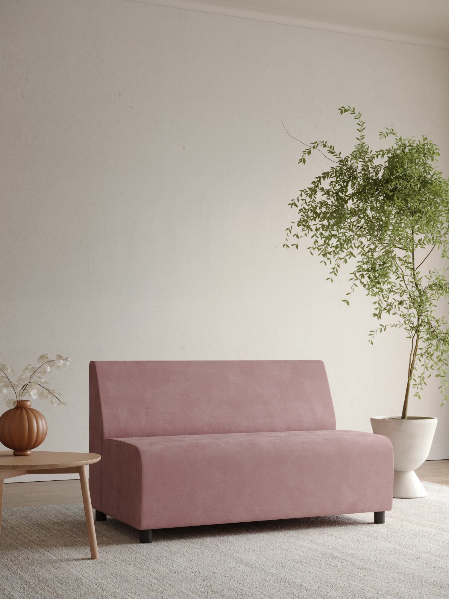 Диван прямой Альфа без подлокотников пудровый велюр. Офис, дом, салон красоты, прихожая, гостиная, зона ожидания.