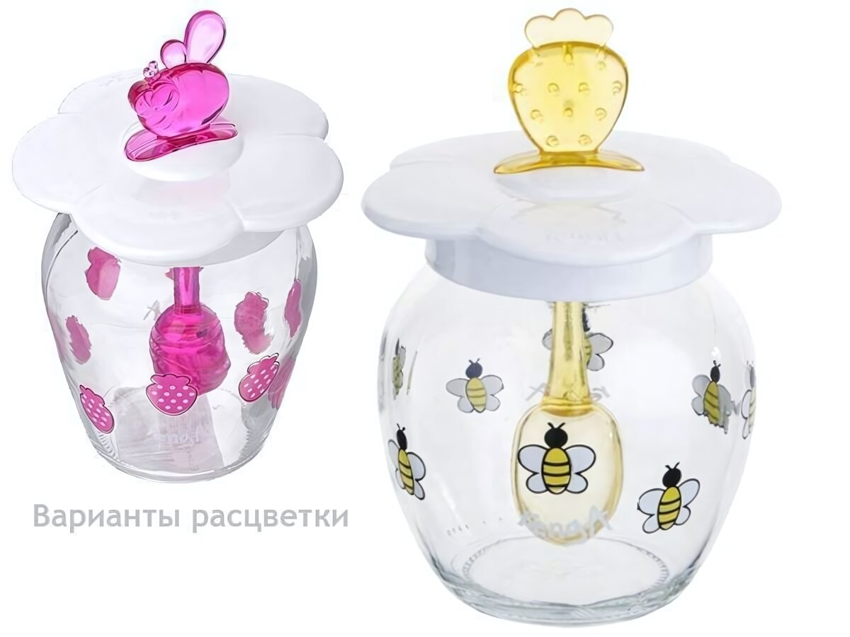 Банка для меда и варенья 370мл со декором, ложкой, стекло, Россия