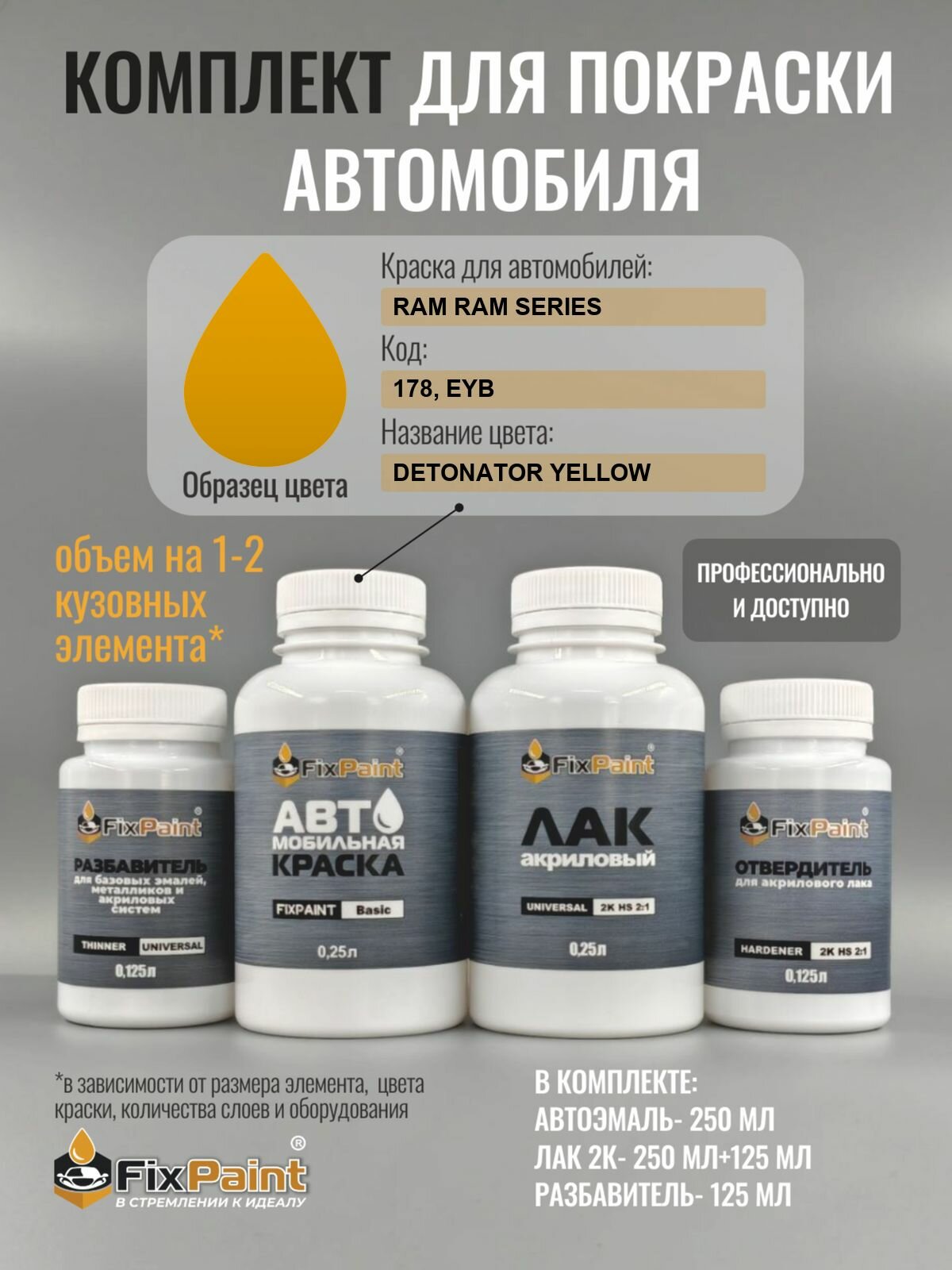 Комплект для покраски RAM RAM SERIES, код 178, EYB, DETONATOR YELLOW, базовая автомобильная краска 250 мл, лак 2K 250 мл с отвердителем, разбавитель 125 мл, FixPaint Pro