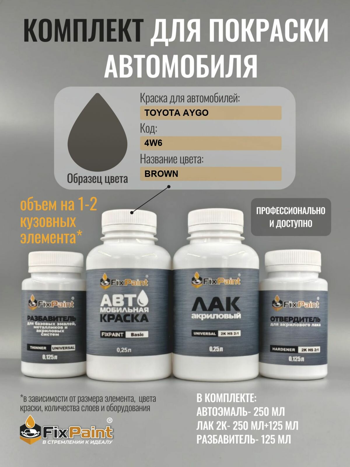 Комплект для покраски TOYOTA AYGO, код 4W6, BROWN, базовая автомобильная краска 250 мл, лак 2K 250 мл с отвердителем, разбавитель 125 мл, FixPaint Pro
