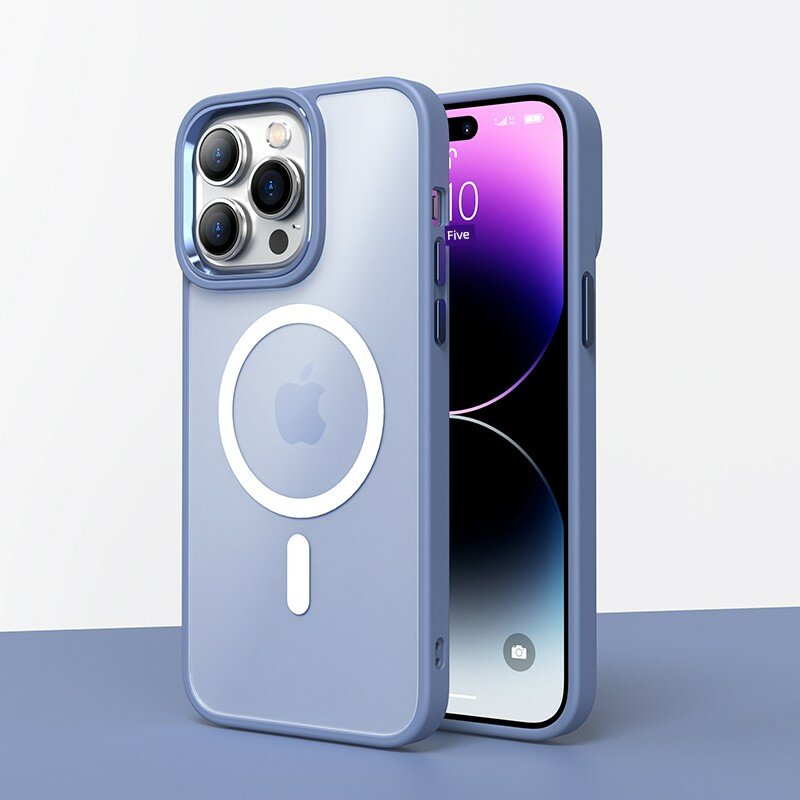 Чехол iPhone 14 Plus матовый полупрозрачный с поддержкой Magsafe, синий, ударопрочный силикон