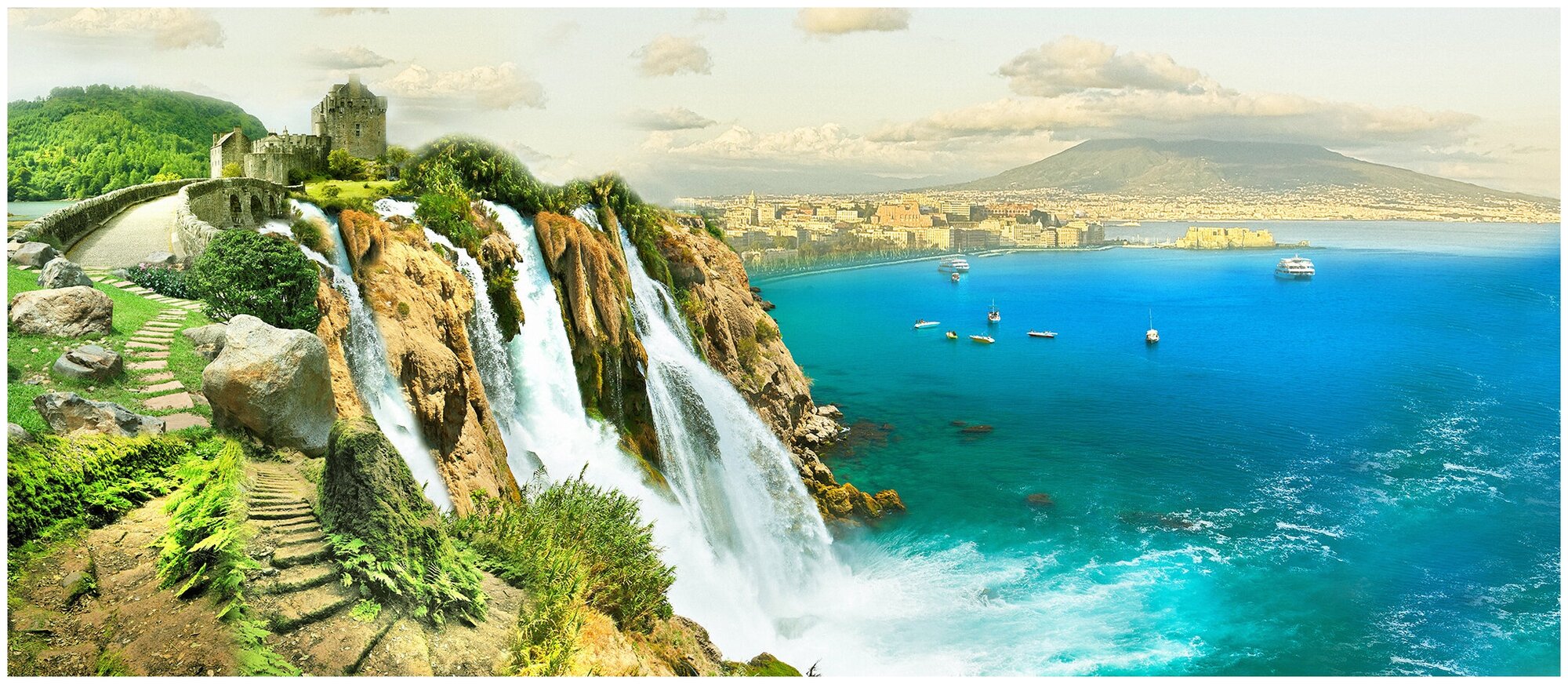 Фотообои Уютная стена "Дорога ведущая на вершину водопада" 630х270 см Бесшовные Премиум (единым полотном)