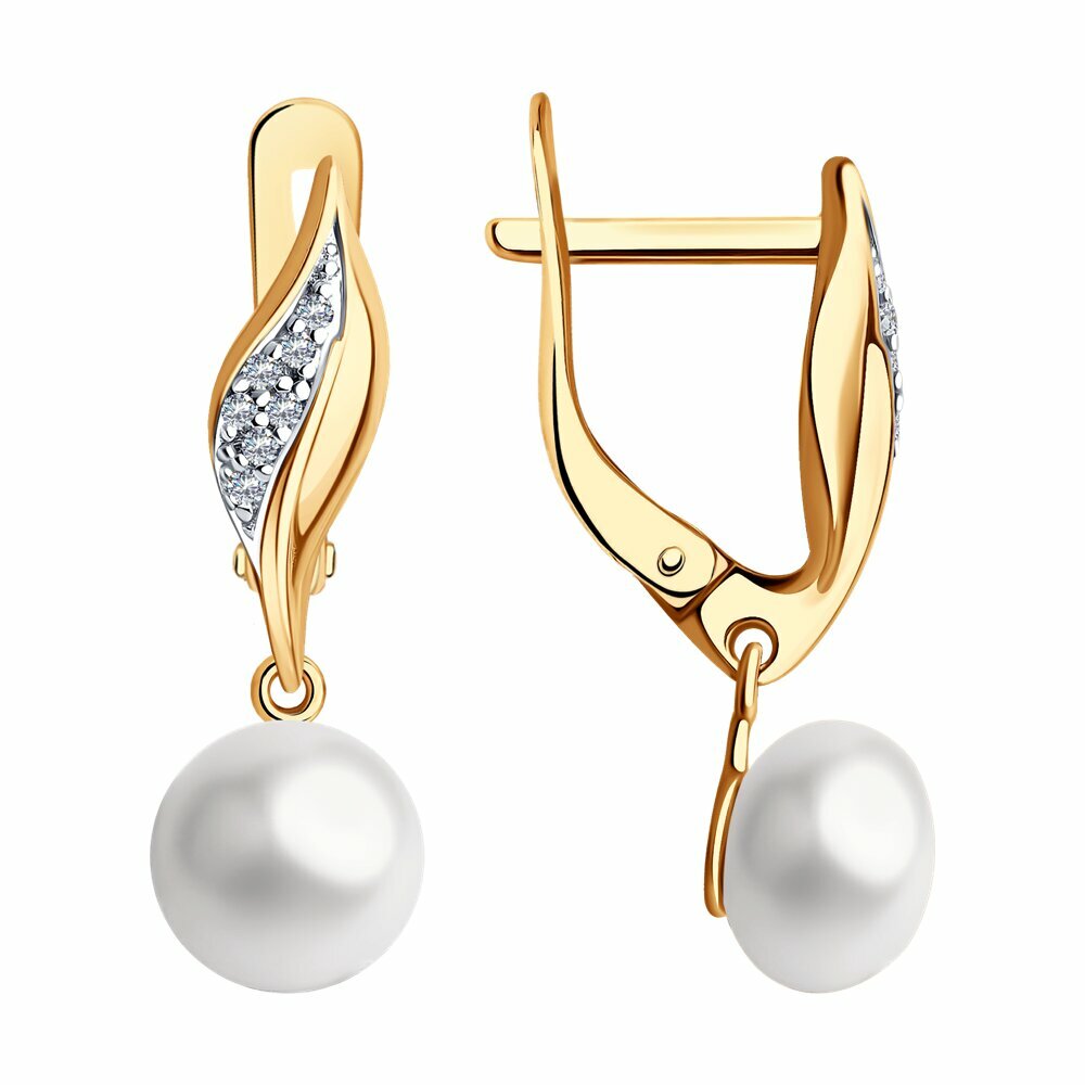 Серьги, серебро, 925 проба, золочение, жемчуг пресноводный культивированный, фианит