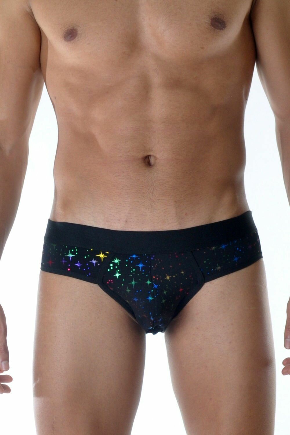 Черные мужские трусы-слипы с разноцветными блестящими звездочками, M